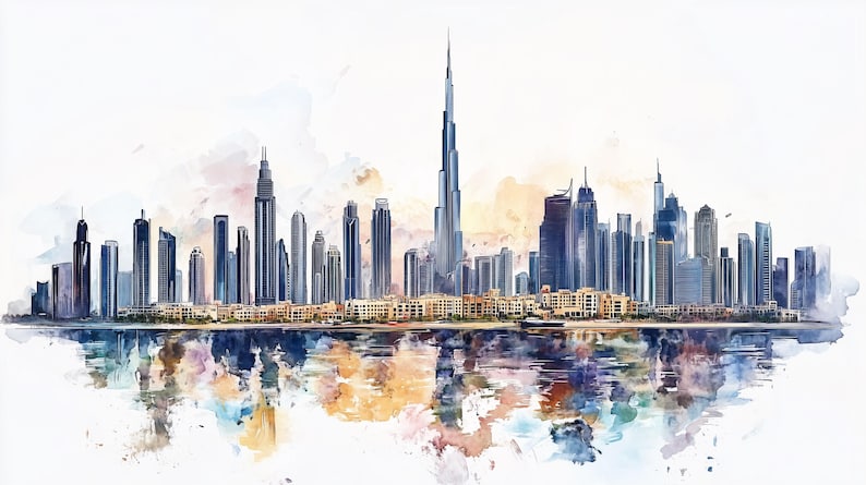 Stunning Dubai Skyline - Watercolor Art Print - Burj Khalifa Cityscape ...