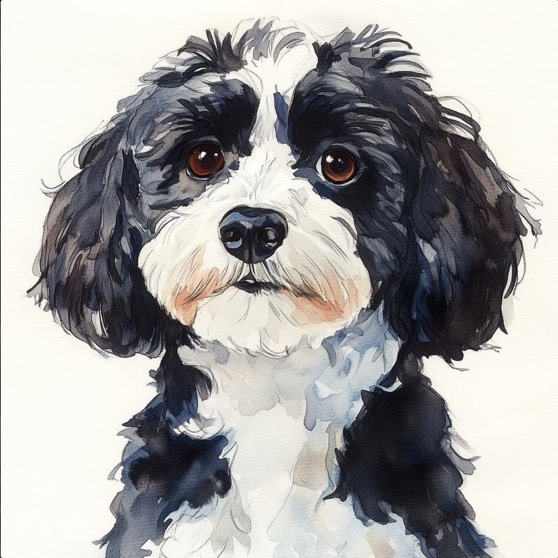 Cavapoo Dog Portrait Watercolor Print - Black and White Puppy Art ...