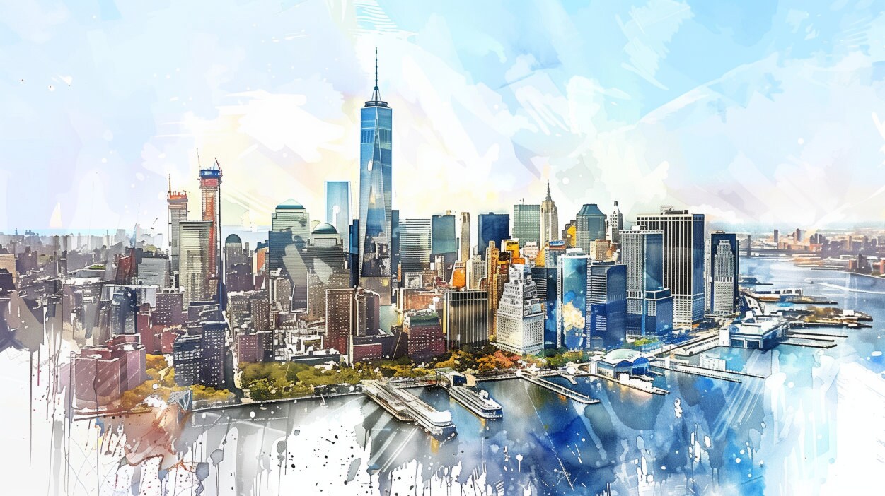 New York City Skyline Watercolor Print - Manhattan Urban Landscape Wall ...