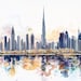 Stunning Dubai Skyline - Watercolor Art Print - Burj Khalifa Cityscape ...