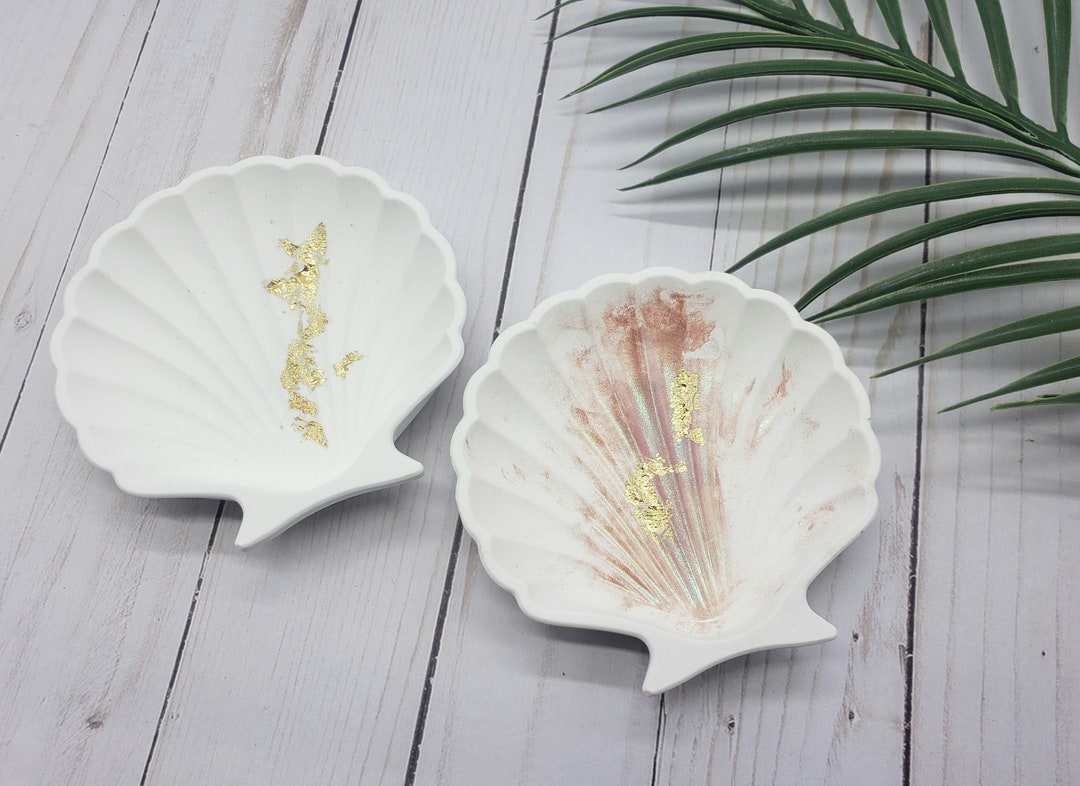Shell Ring Dish: Eco Resin Ocean Jewelry Bowl With Gold Flake, 4" Beach ...