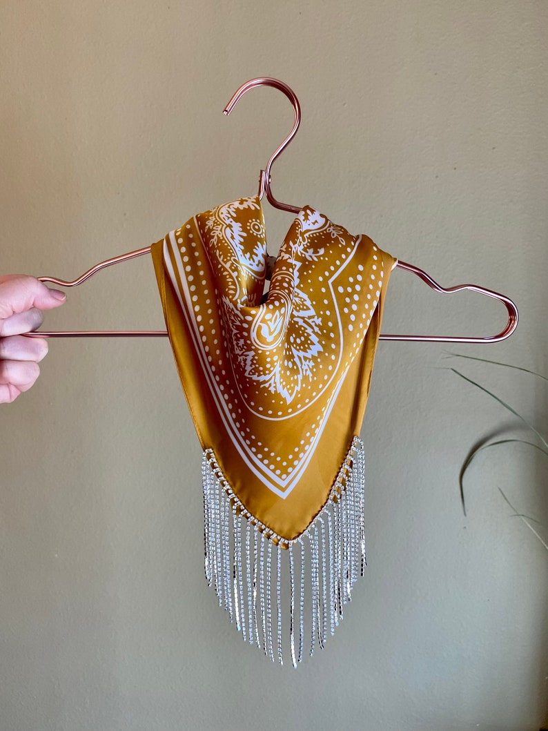 Golden Yellow Satin Paisely Print Bandana With Real Rhinestone Fringe ...
