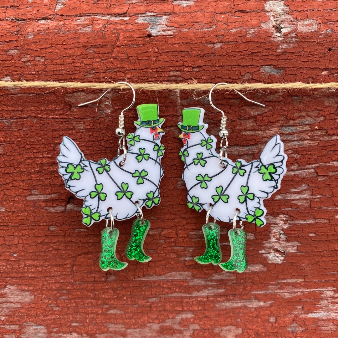 St Patricks Day Chickens in Boots Earrings Holiday Shamrock Wrapped ...