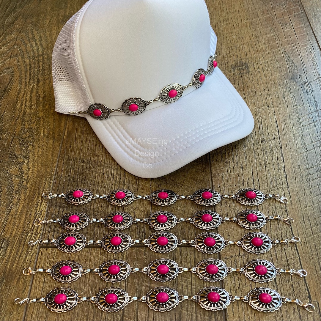 Silver Pink Concho Trucker Hat Chain | Pink Turquoise Stone Chain ...