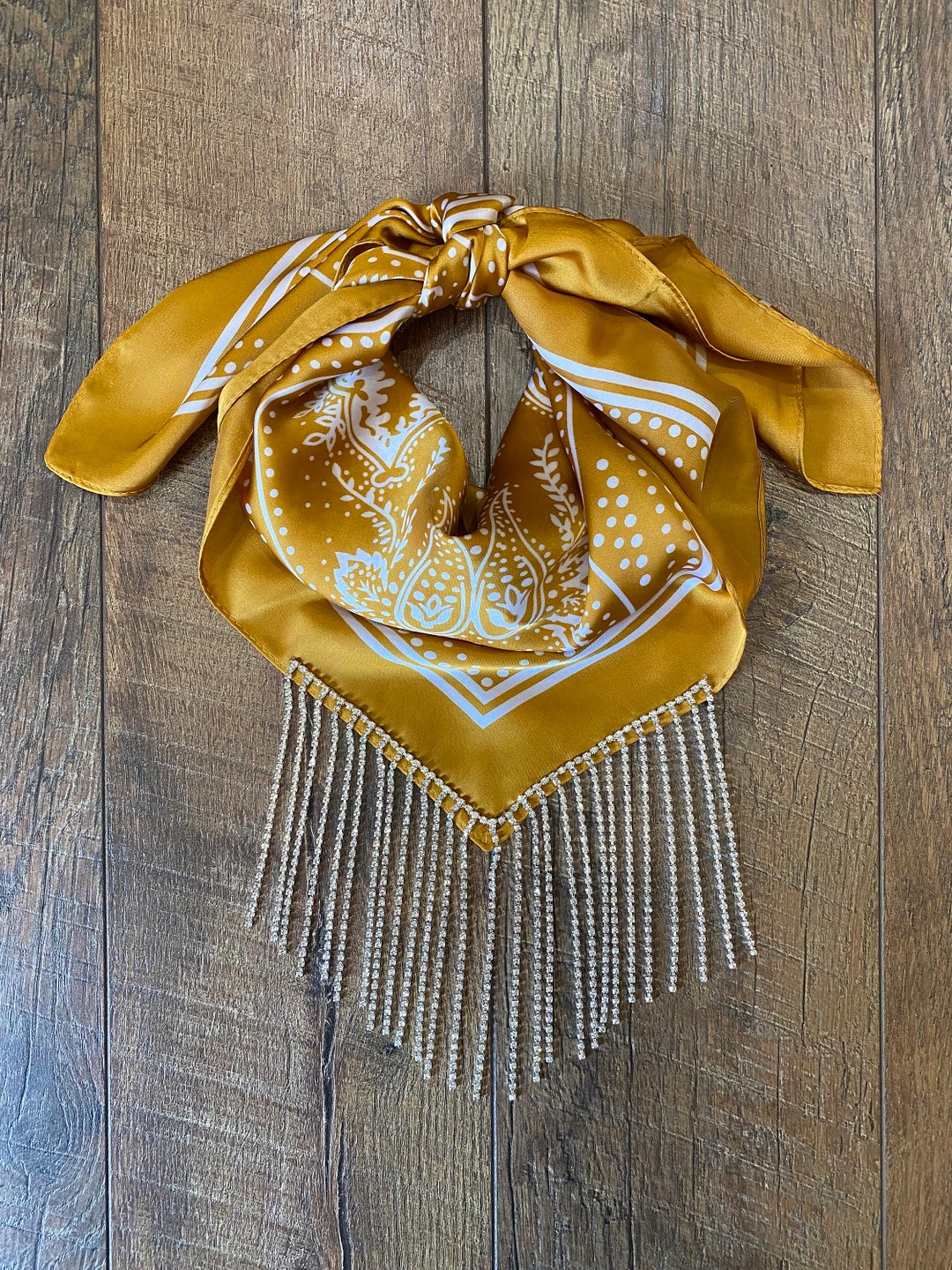 Golden Yellow Satin Paisely Print Bandana With Real Rhinestone Fringe ...