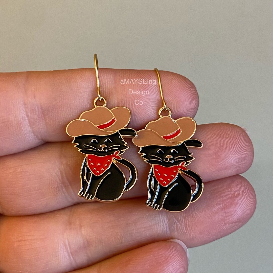 Cowboy Cat Western Kitty Unique Novelty Dangle Earrings - Etsy