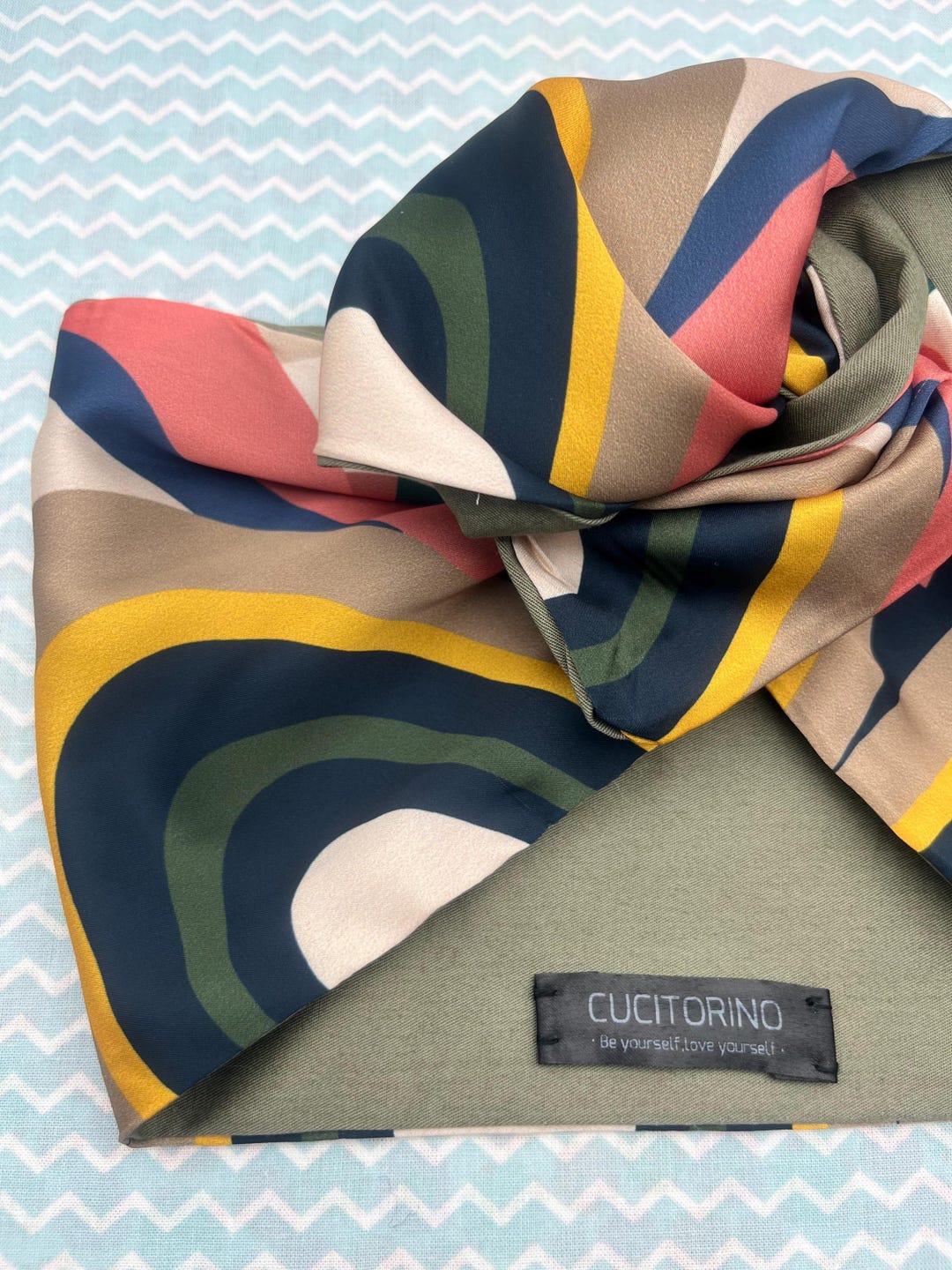 Wired Satin Headband With Fluid Geometric Patterns, Khaki Green Cotton ...