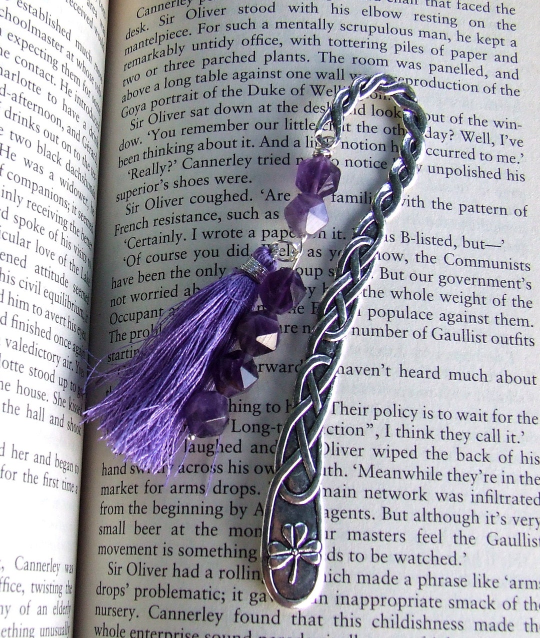A Silver Coloured Metal Bookmark Made With Amethyst Bicone Gemstones ...