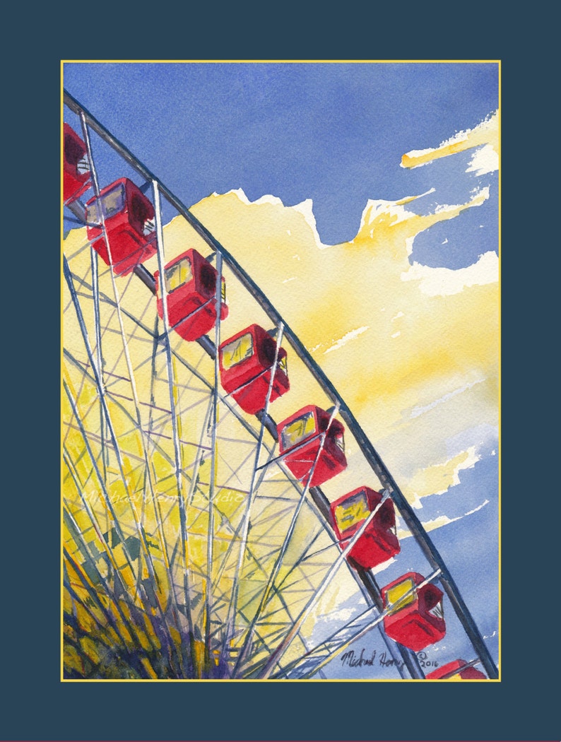 Ferris Wheel in the Sunset, Watercolor Print, Boardwalk, Carnival, Pier ...
