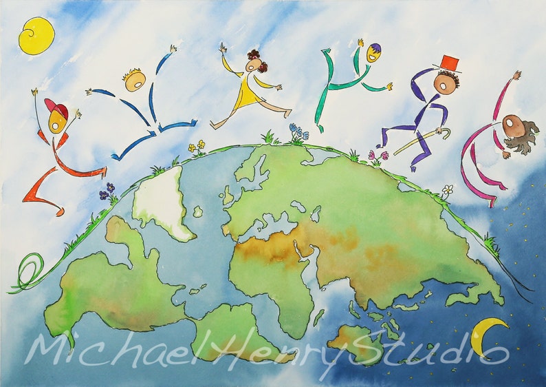 Gift for Child, Children Dancing Around the Earth, Children's Room ...