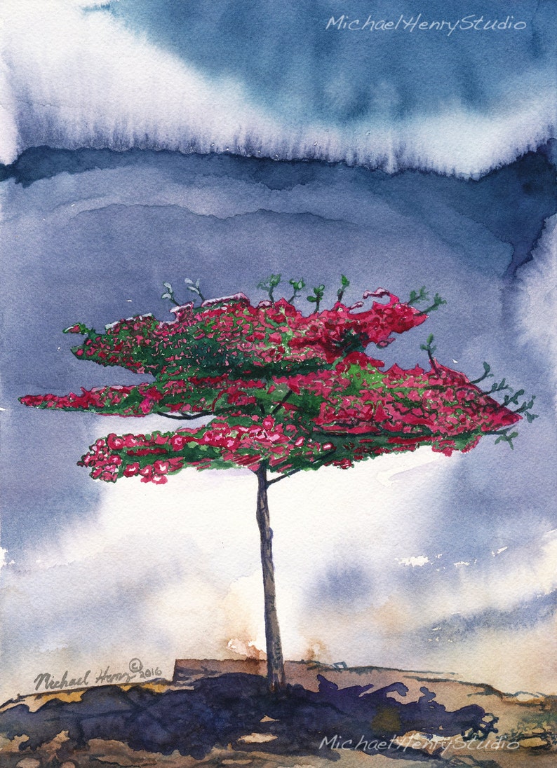 Red Crabapple Tree Watercolor Print, Tree in Bloom, Red Flowers, Dark ...