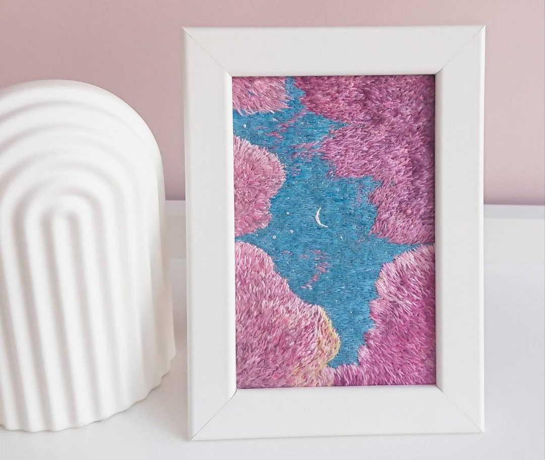 Framed Hand Embroidery Dreamcore Celestial Art With Pink Clouds. Danish ...
