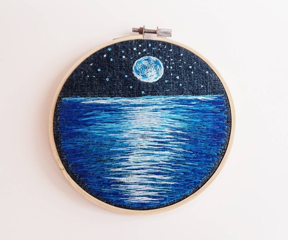 Modern Hand Embroidery Moon and Stars. Stitched Bedroom Decor | Etsy