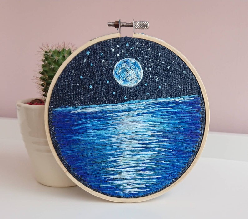 Modern Hand Embroidery Moon and Stars. Stitched Bedroom Decor | Etsy