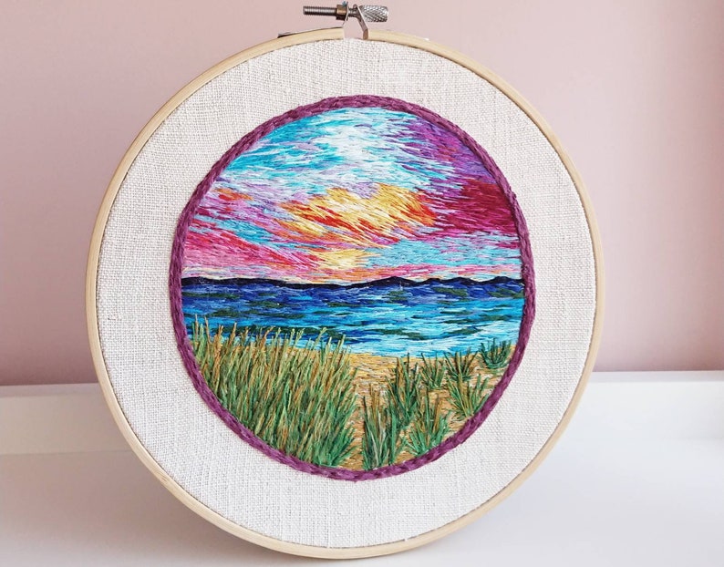 Embroidered Seaside Scenery Sunset. Romantic Gift. Hand Embroidery Sky ...