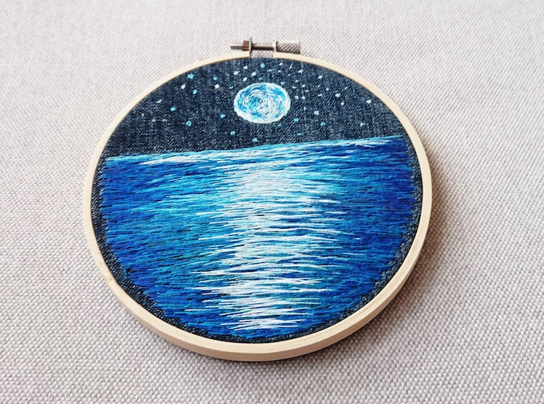 Modern Hand Embroidery Moon and Stars. Stitched Bedroom Decor | Etsy