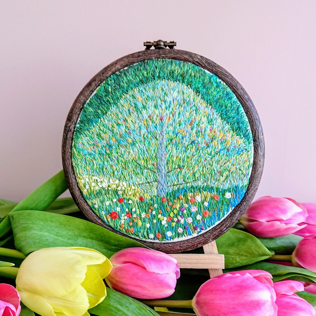 Thread Painting Inspired by Gustav Klimt Landscapes. Hand Embroidery ...