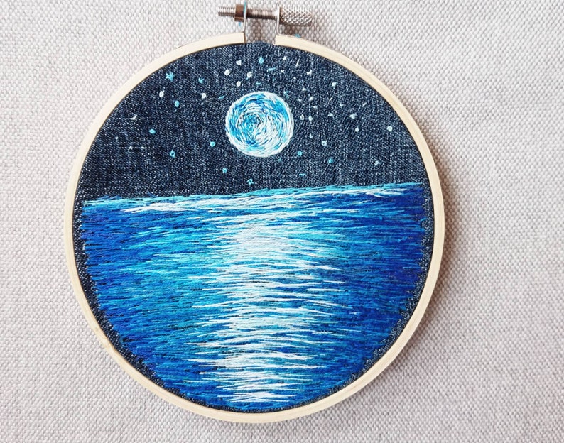 Modern Hand Embroidery Moon and Stars. Stitched Bedroom Decor | Etsy