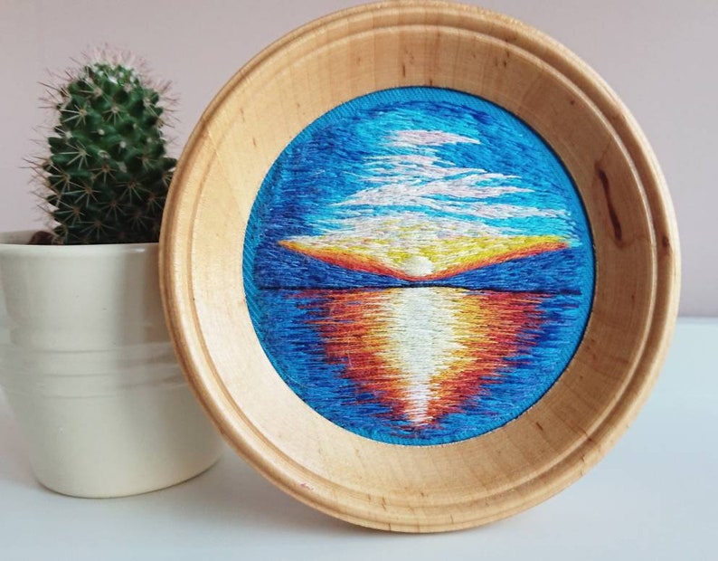 Framed Thread Painting Sunset. Hand Embroidery Sky Mountains | Etsy
