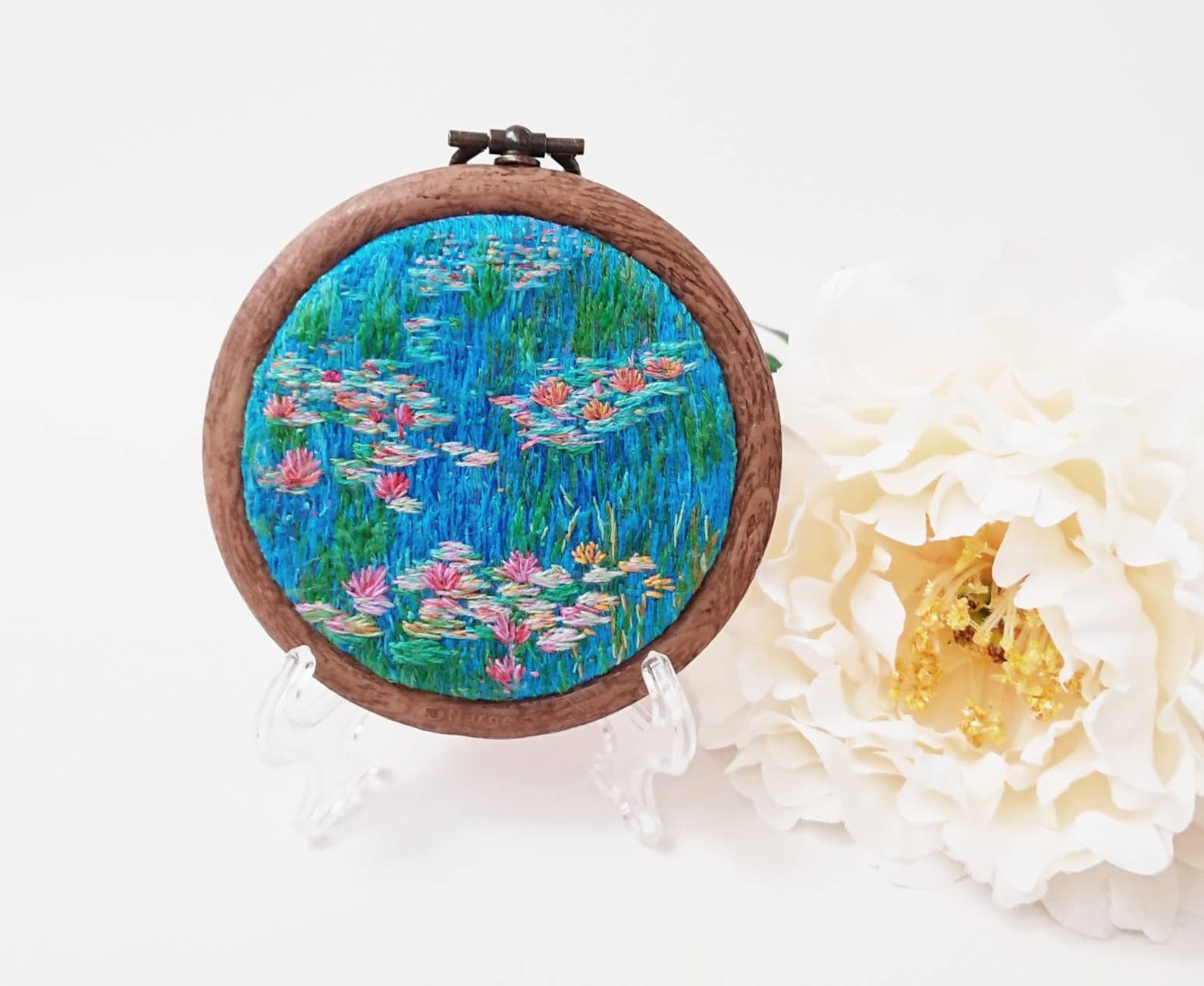 Framed impressionistic embroidery Water Lilies inspired by | Etsy
