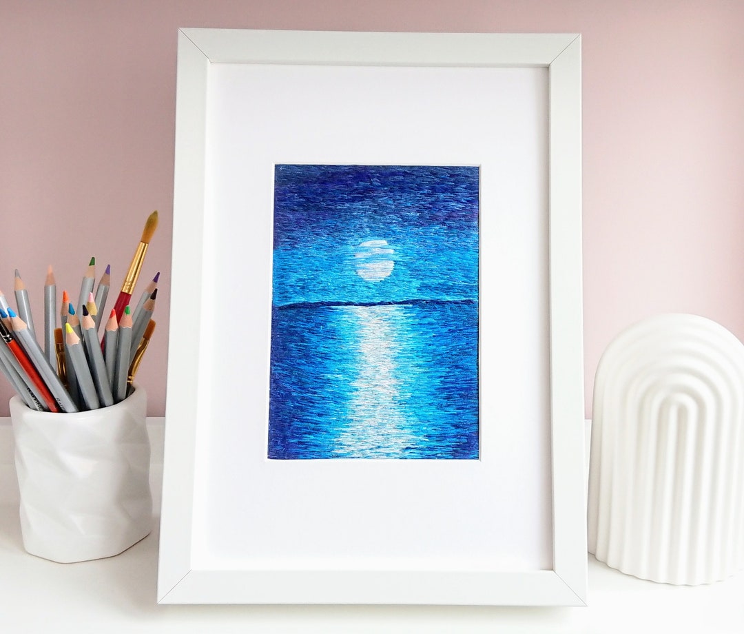 Big Framed Thread Painting Night Seascape. Nature Lovers Gift. Ocean ...