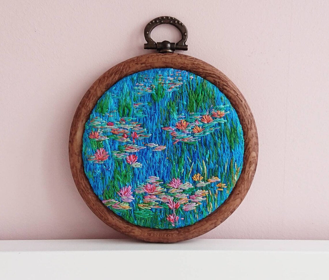 Framed impressionistic embroidery Water Lilies inspired by | Etsy