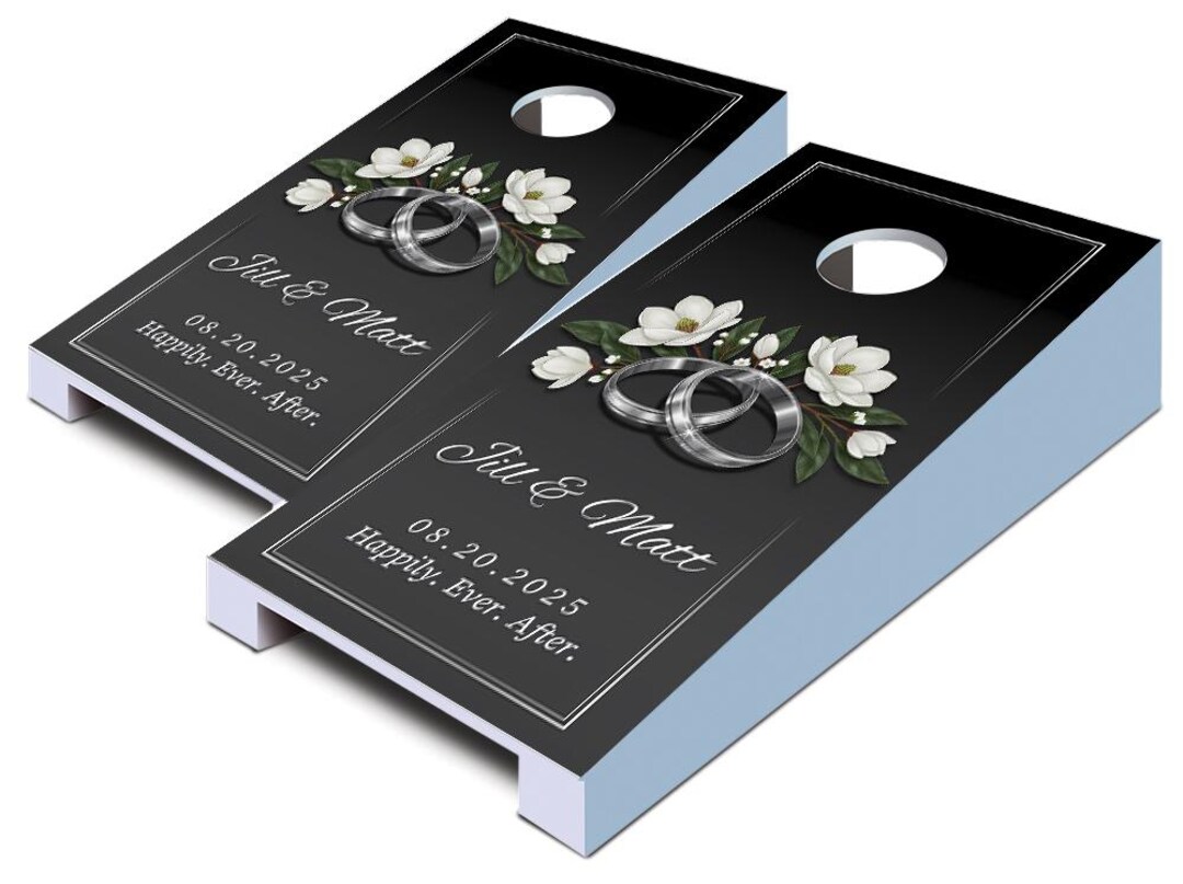 Personalized Wedding Rings White Flowers Black Tabletop Cornhole Set ...