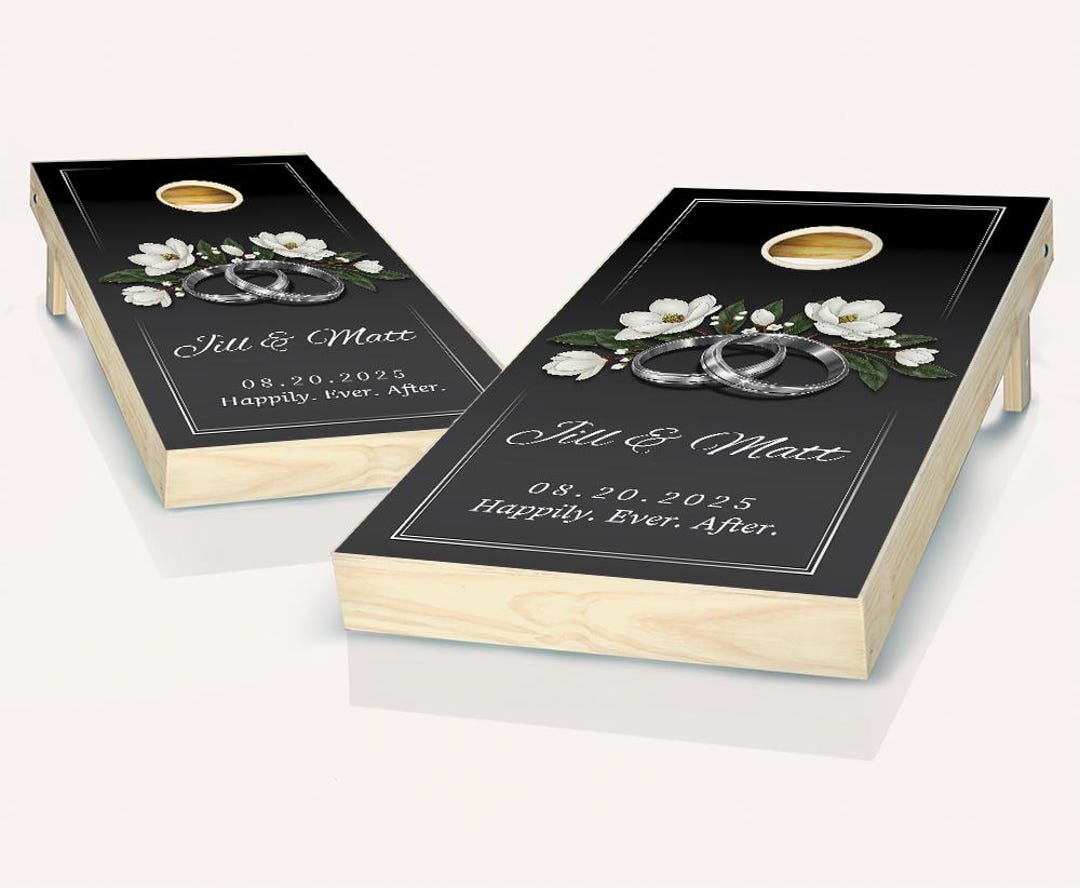 Personalized Wedding Rings White Flowers Black Cornhole Set W/ Bags ...