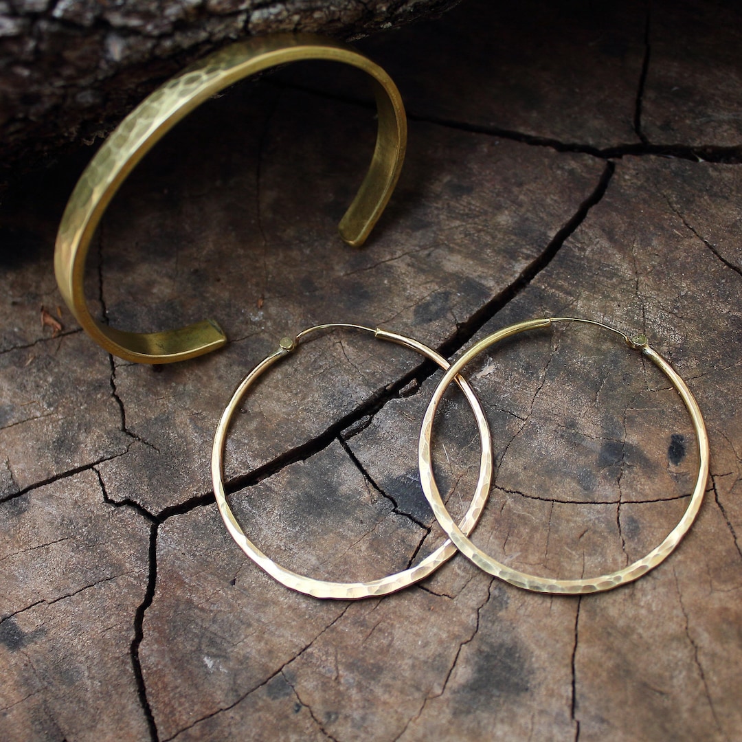 Solid Brass Hoops | Large, Medium and Small Gold Hammered Hoops - Etsy