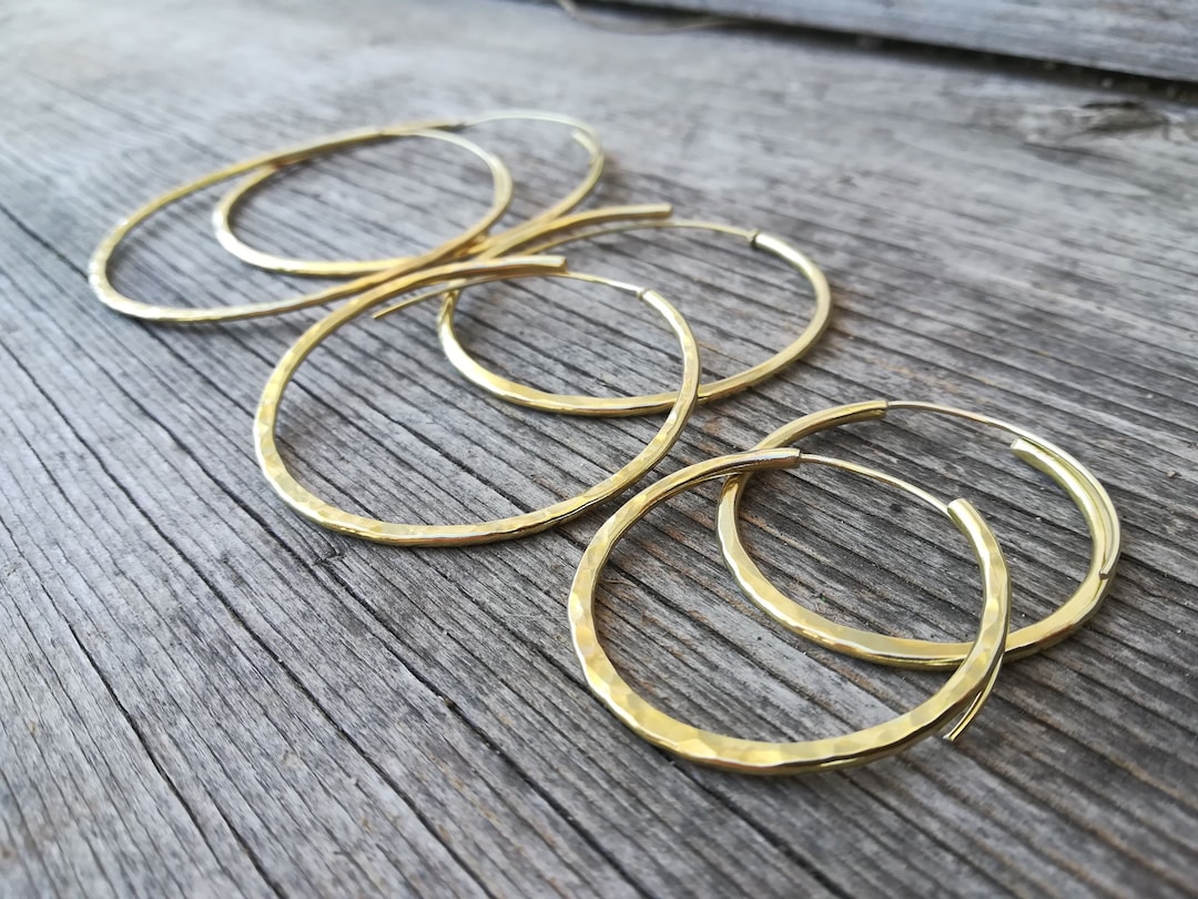 Solid Brass Hoops | Large, Medium and Small Gold Hammered Hoops - Etsy