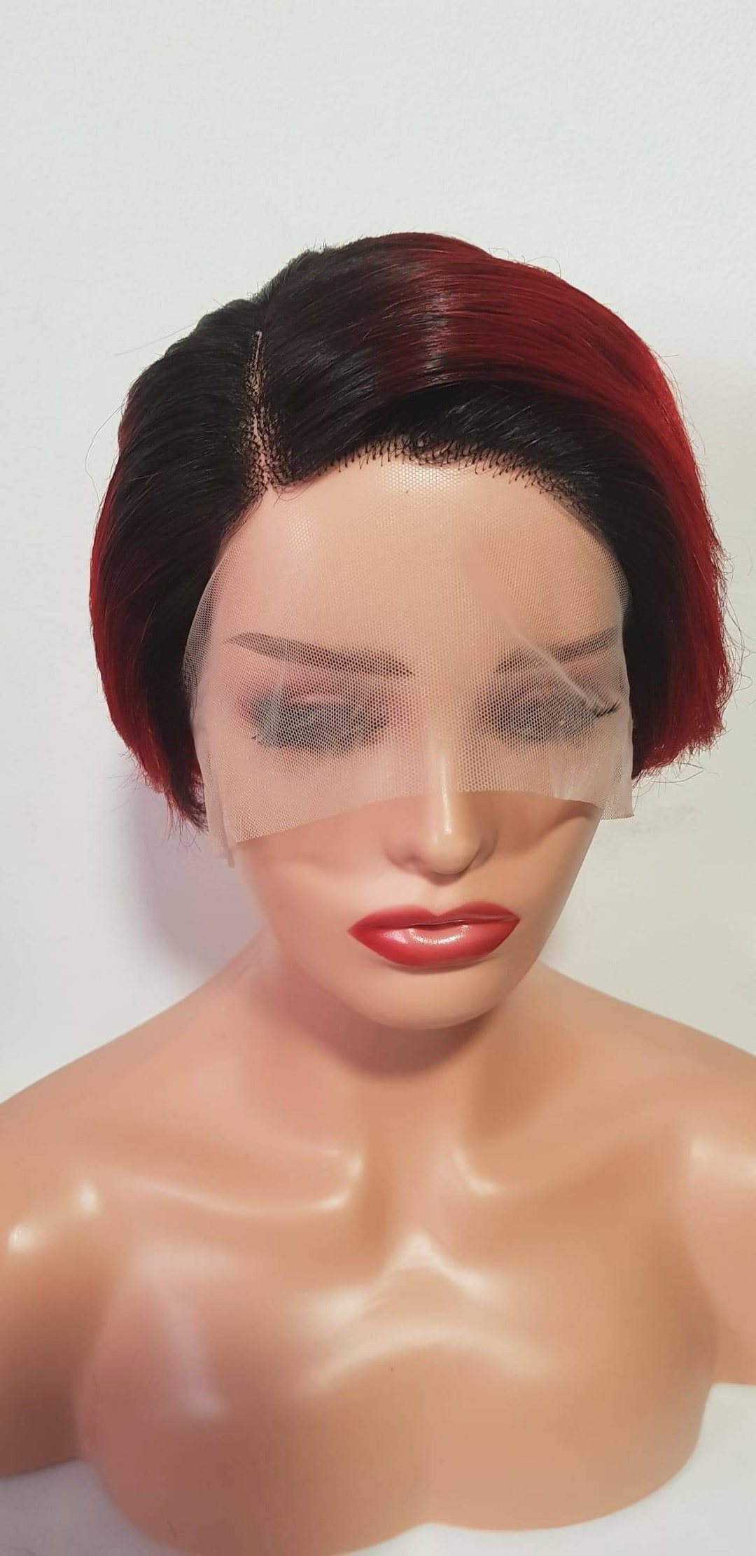 Women Red and Black Short Pixie Bod Side Part Wig 100% Human Brazilian ...