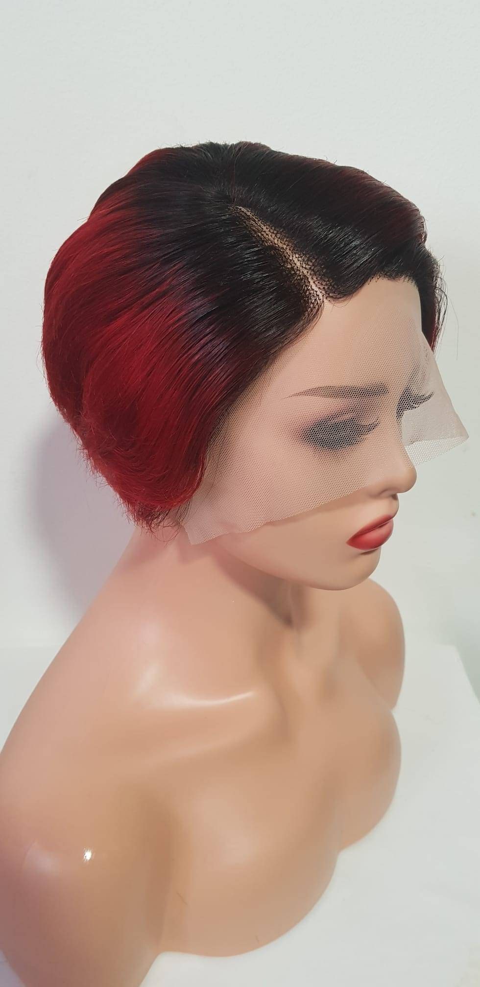 Women Red and Black Short Pixie Bod Side Part Wig 100% Human Brazilian ...
