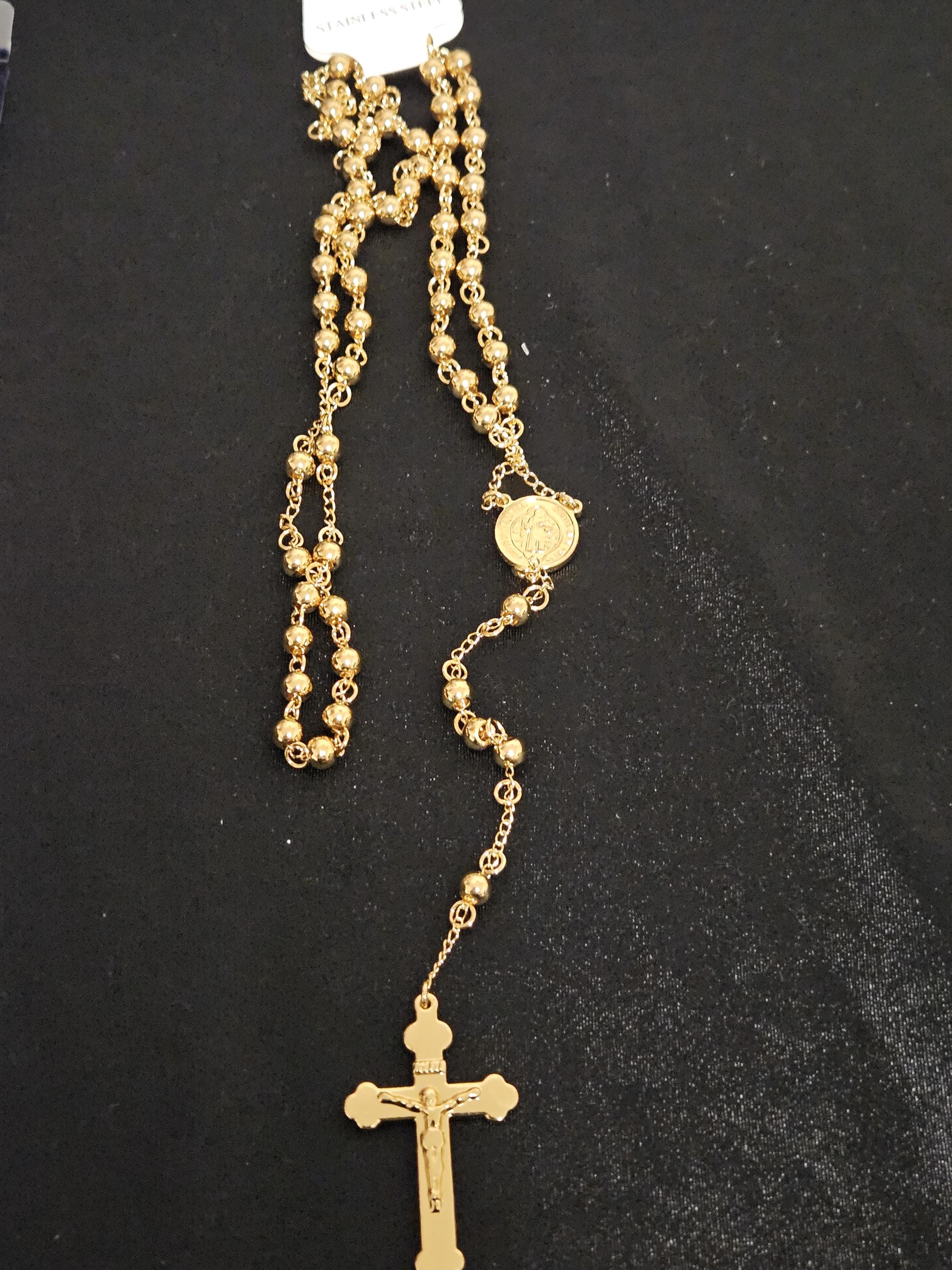 Rosary Stainless Steel Gold Colour Long Chunky Cross Pendant Chain Long ...