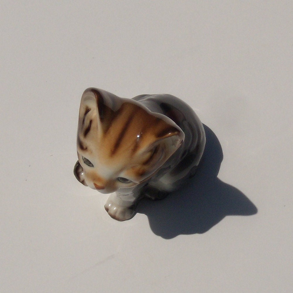 Bone China Tabby Cat Figurine, Taiwan Made Gray Orange Tabby Cat ...