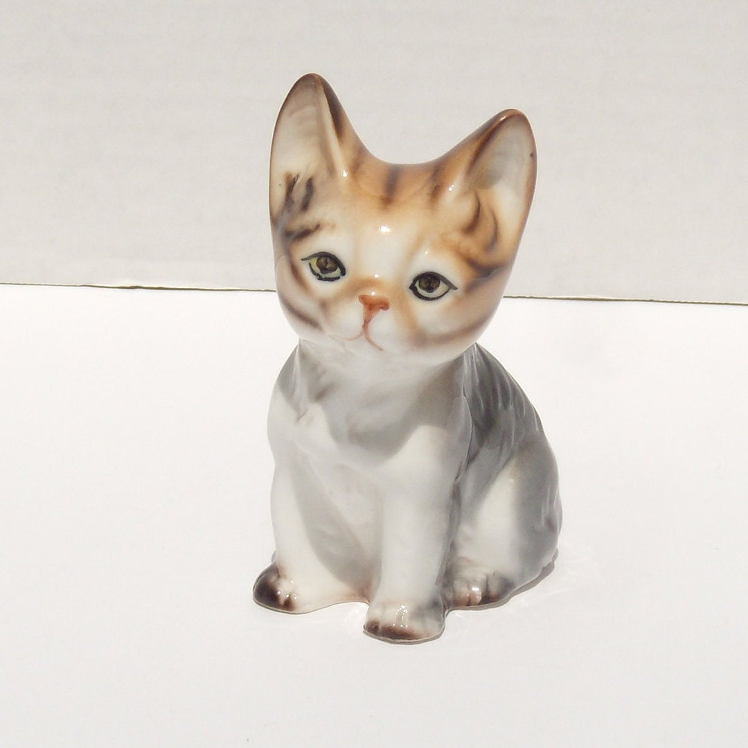 Bone China Tabby Cat Figurine, Taiwan Made Gray Orange Tabby Cat ...