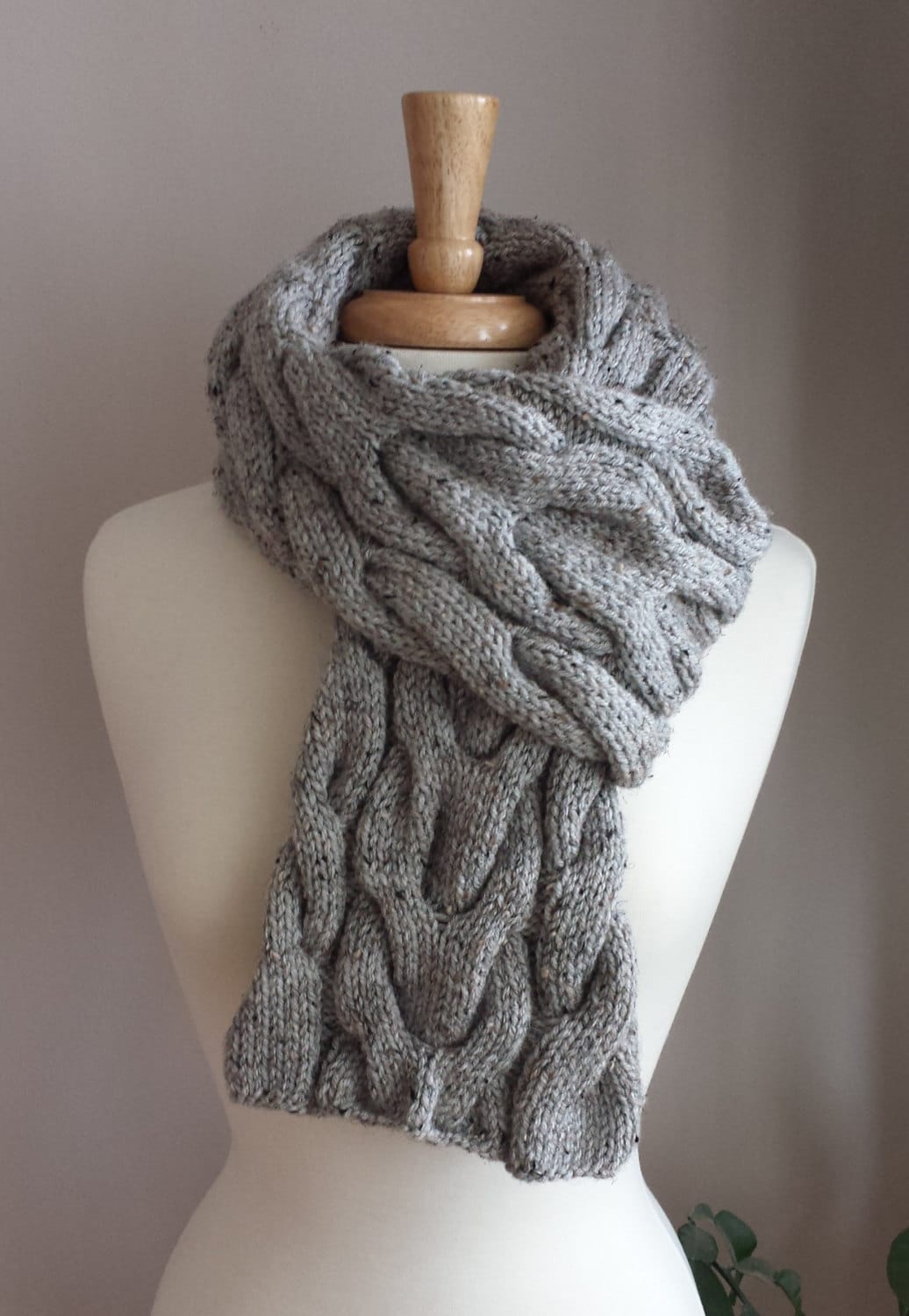 Hand Knit Scarf. Cable Knit Scarf. Tweed Scarf. Chunky Scarf. Gray ...