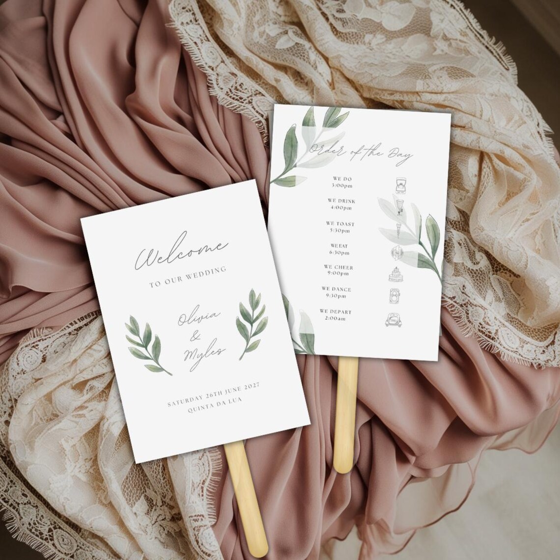 OLIVIA Wedding Order of the Day, Olive Branch Wedding Paddle Fans ...