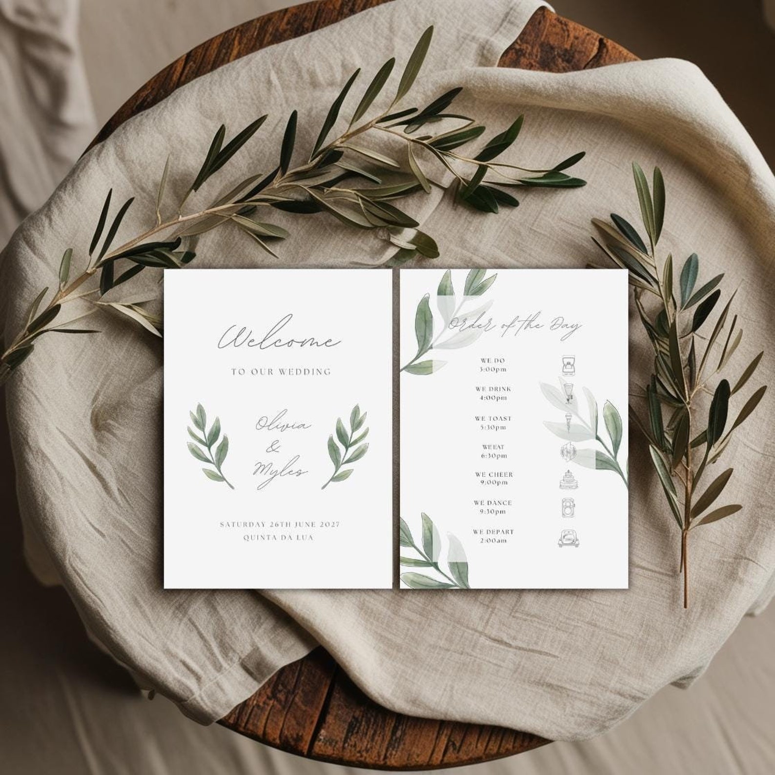 OLIVIA Wedding Order of the Day, Olive Branch Wedding Paddle Fans ...