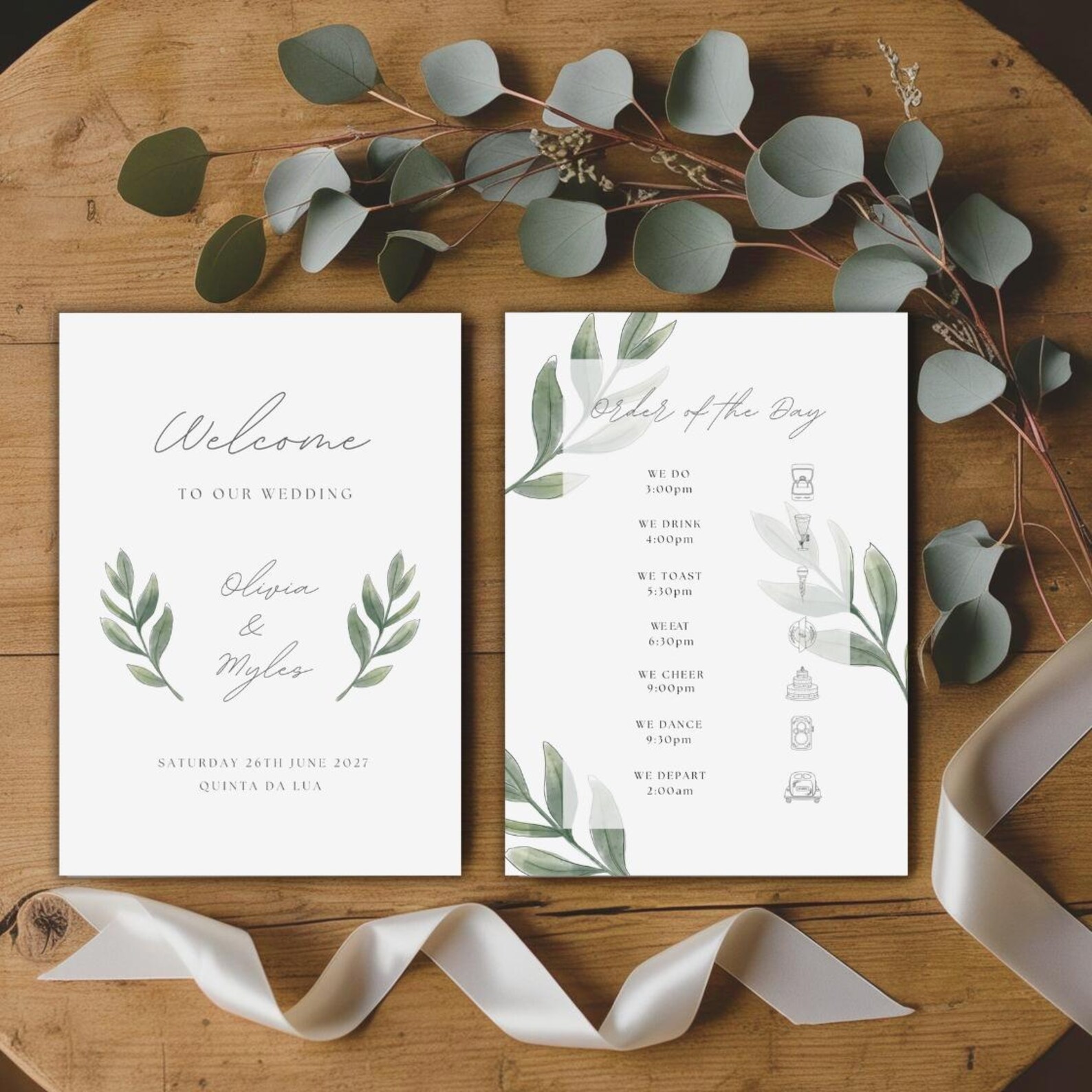 OLIVIA Wedding Order of the Day, Olive Branch Wedding Paddle Fans ...