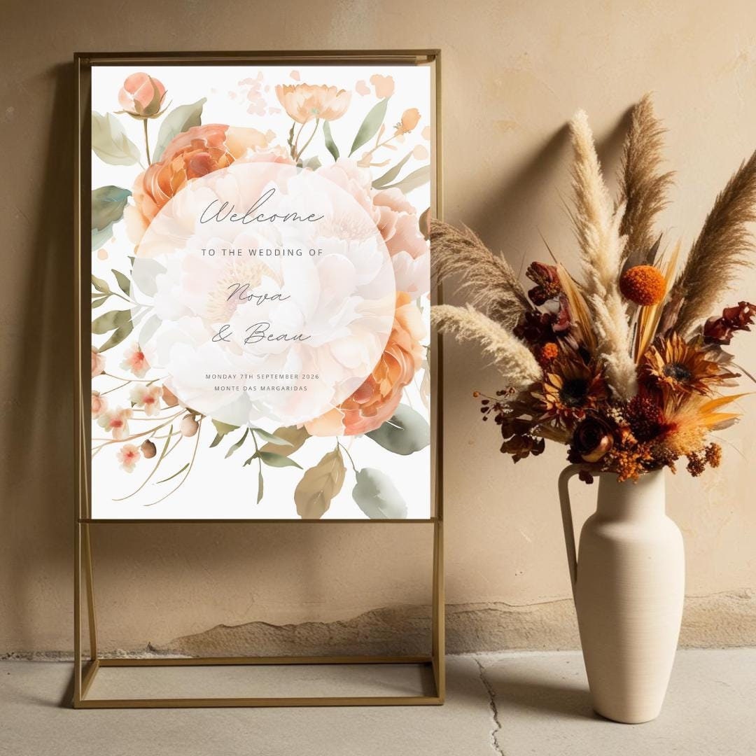 NOVA Peach and Orange Floral Wedding Welcome Sign, Bohemian Wedding ...