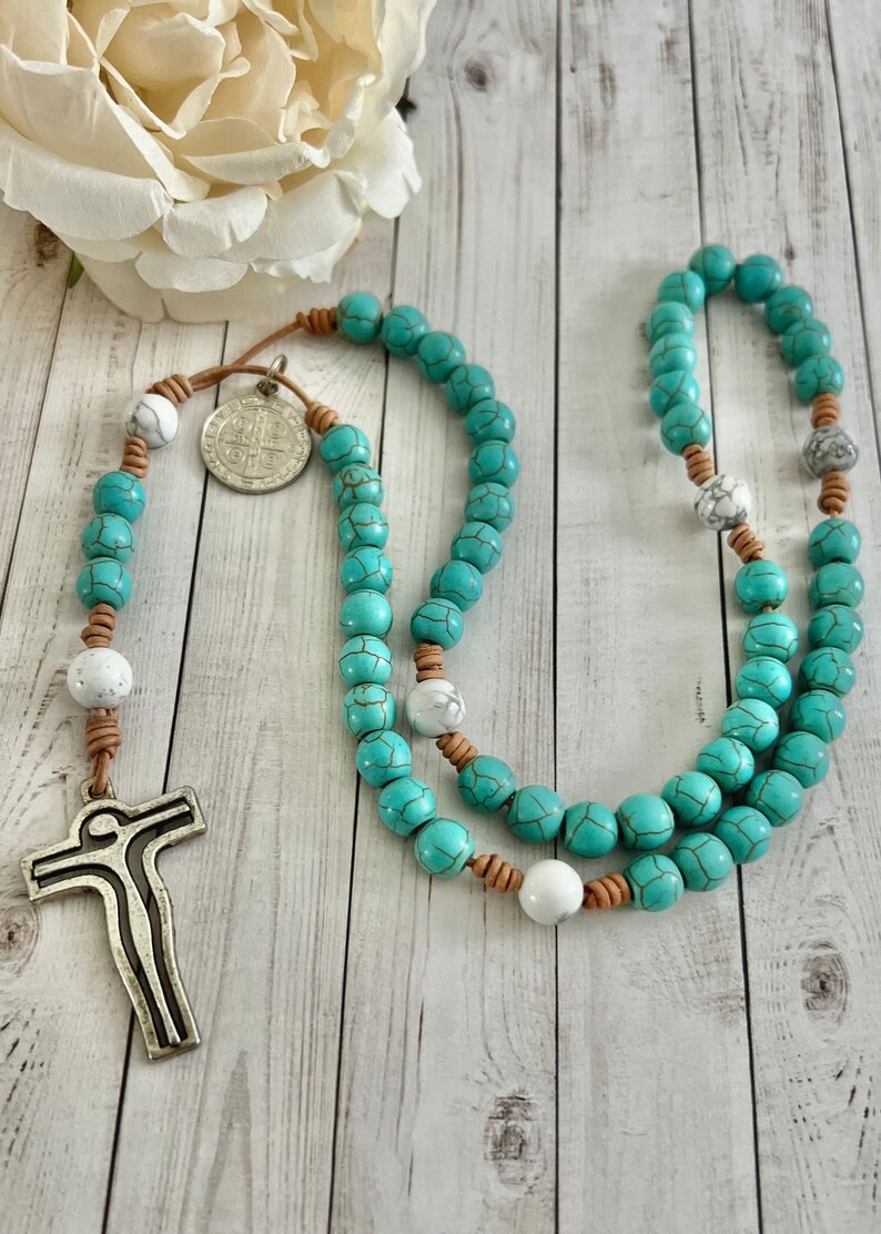 Turquoise Stone Holy Rosary, Genuine Leather Knotted Rosary, St ...