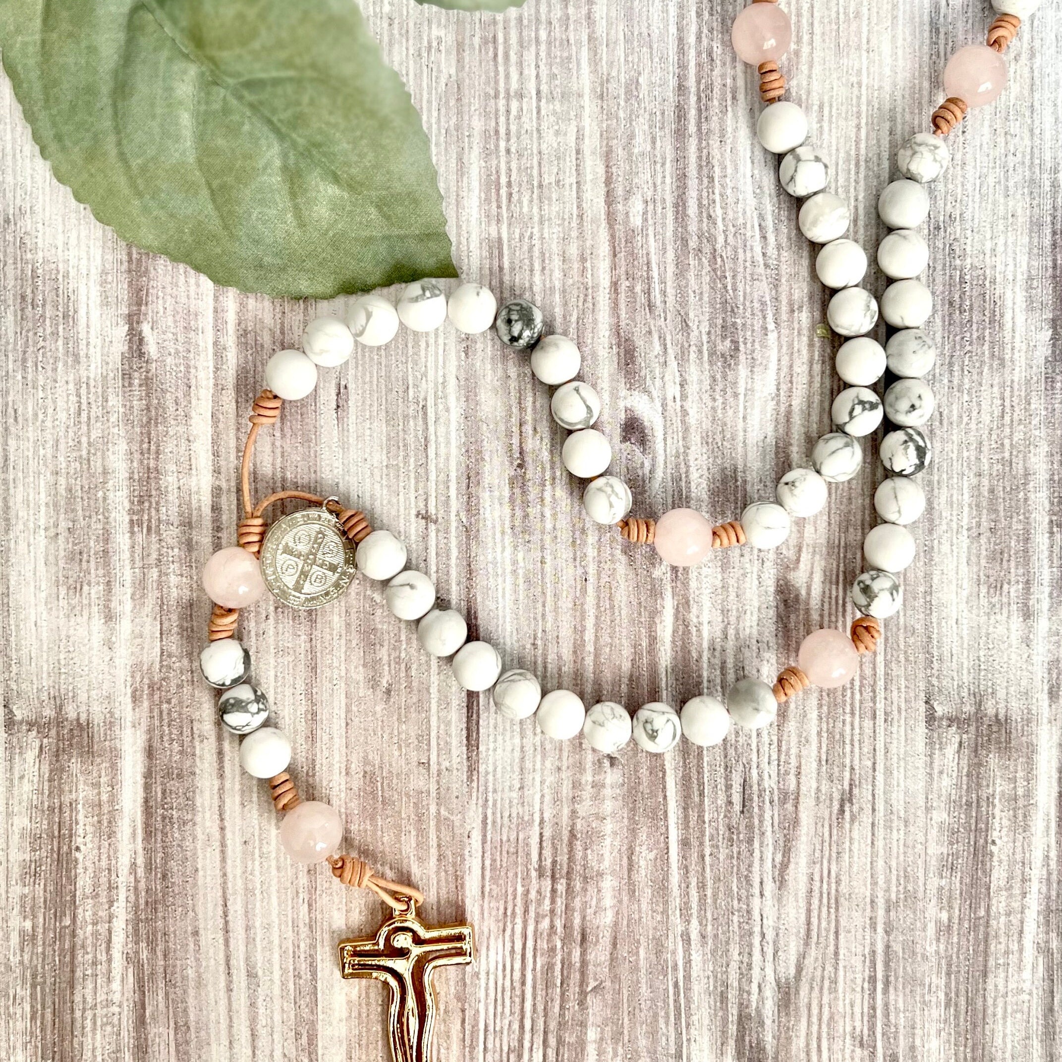 White Natural Stone Holy Rosary, Genuine Leather Knotted Rosary, St ...