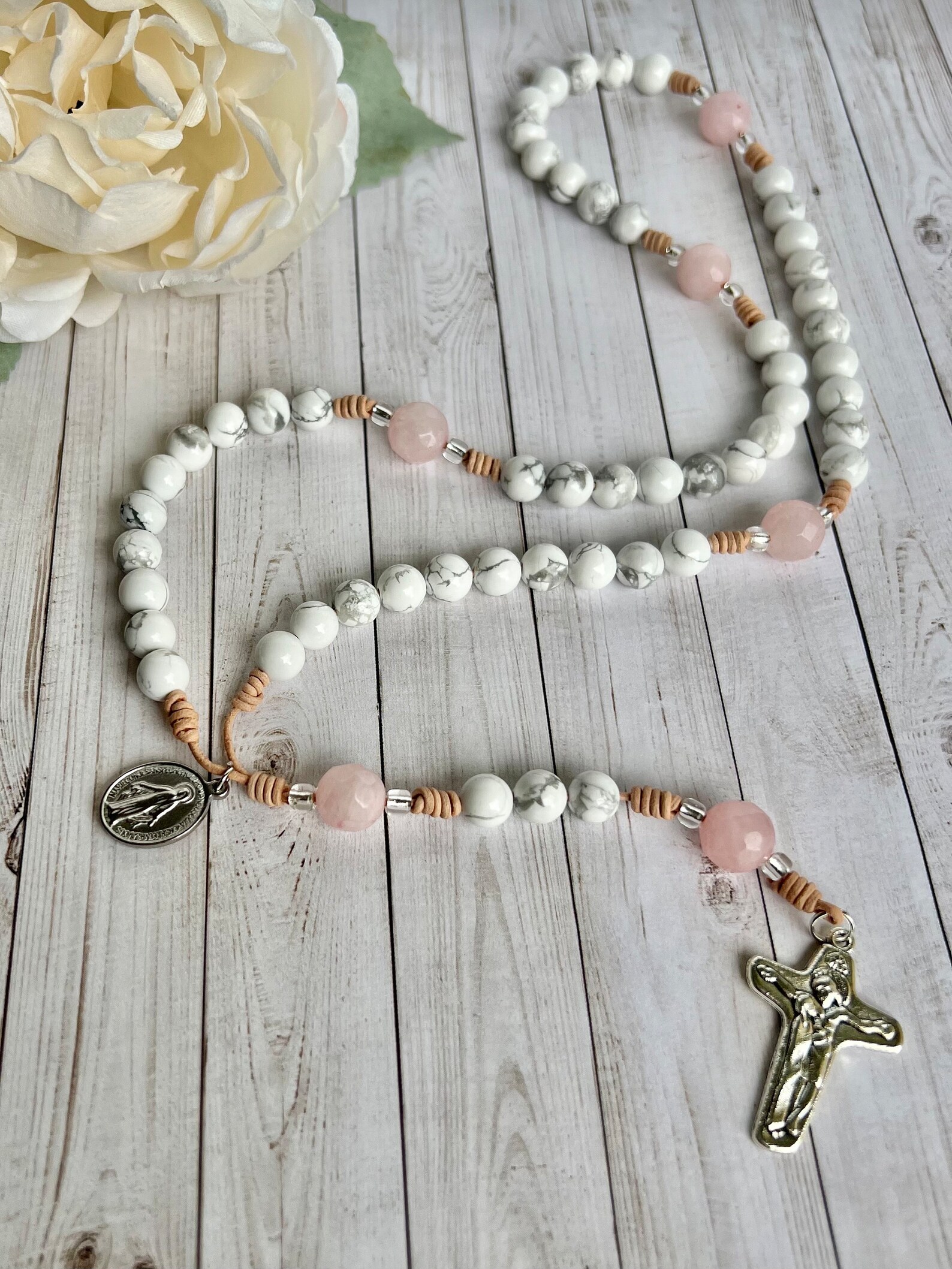 White Natural Stone Holy Rosary, Genuine Leather Knotted Rosary ...