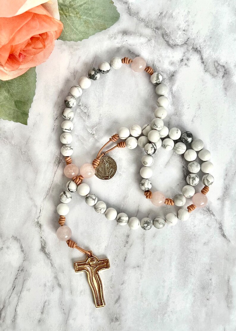White Natural Stone Holy Rosary, Genuine Leather Knotted Rosary, St ...