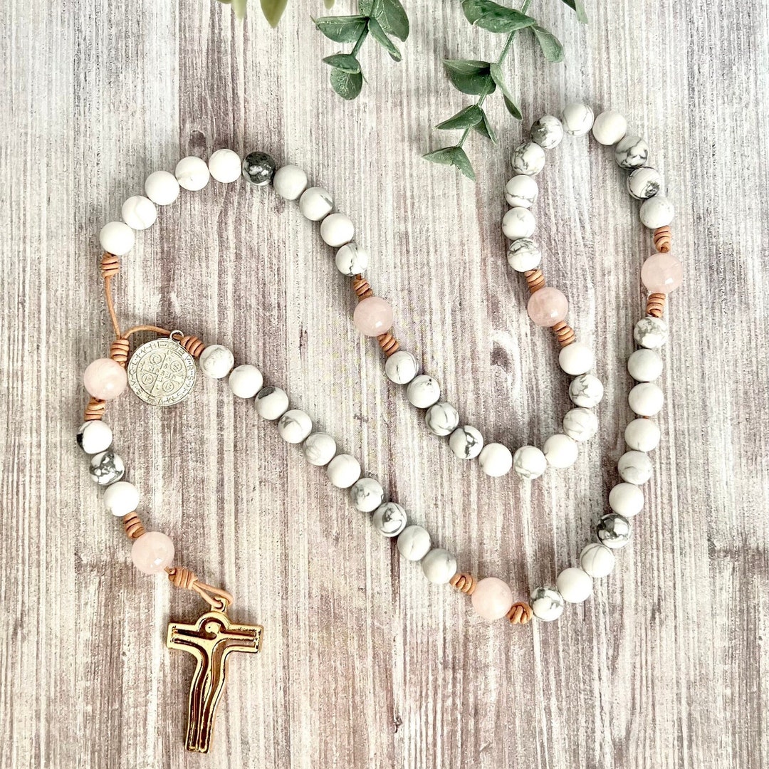 White Natural Stone Holy Rosary, Genuine Leather Knotted Rosary, St ...