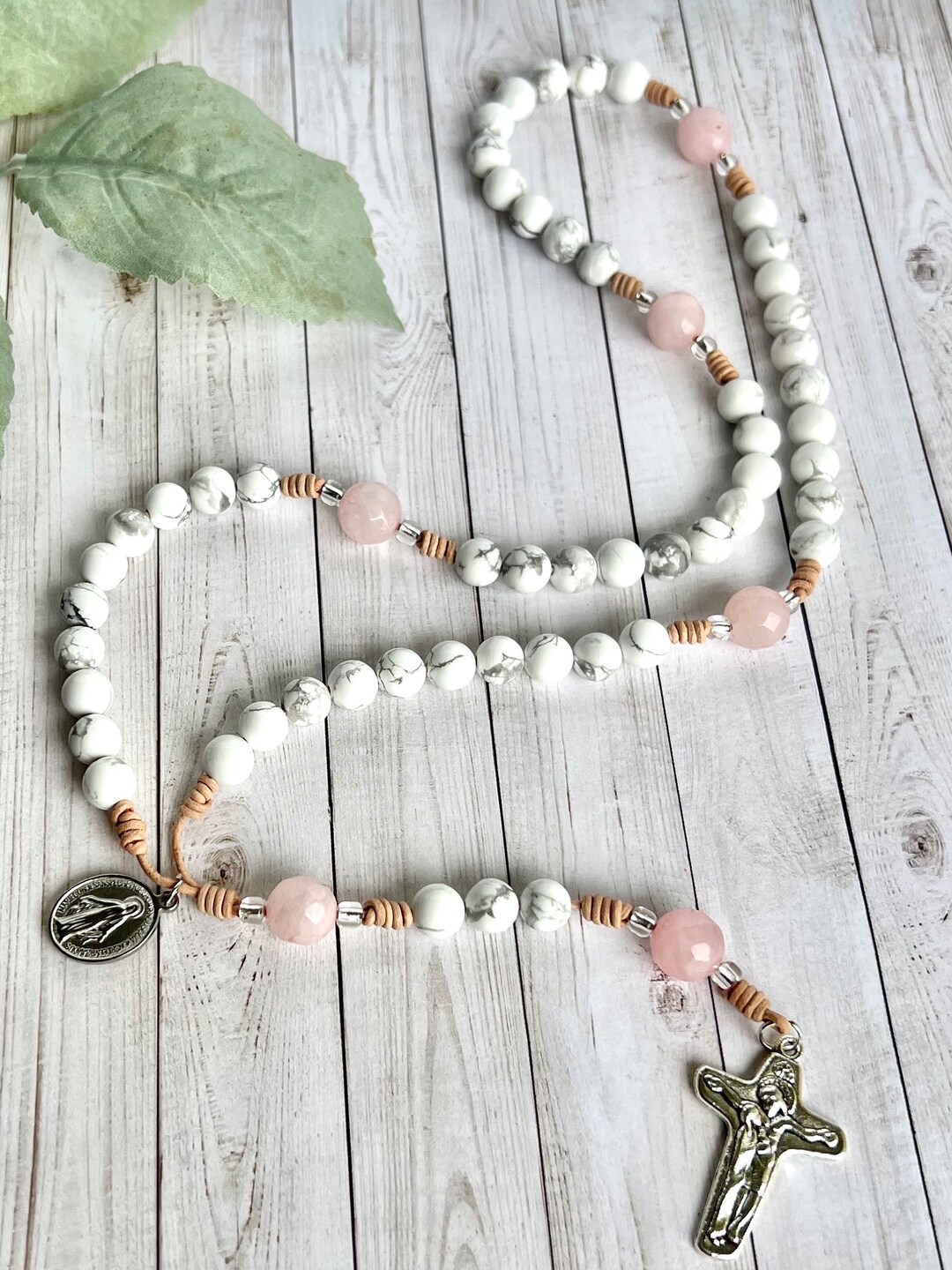 White Natural Stone Holy Rosary, Genuine Leather Knotted Rosary ...