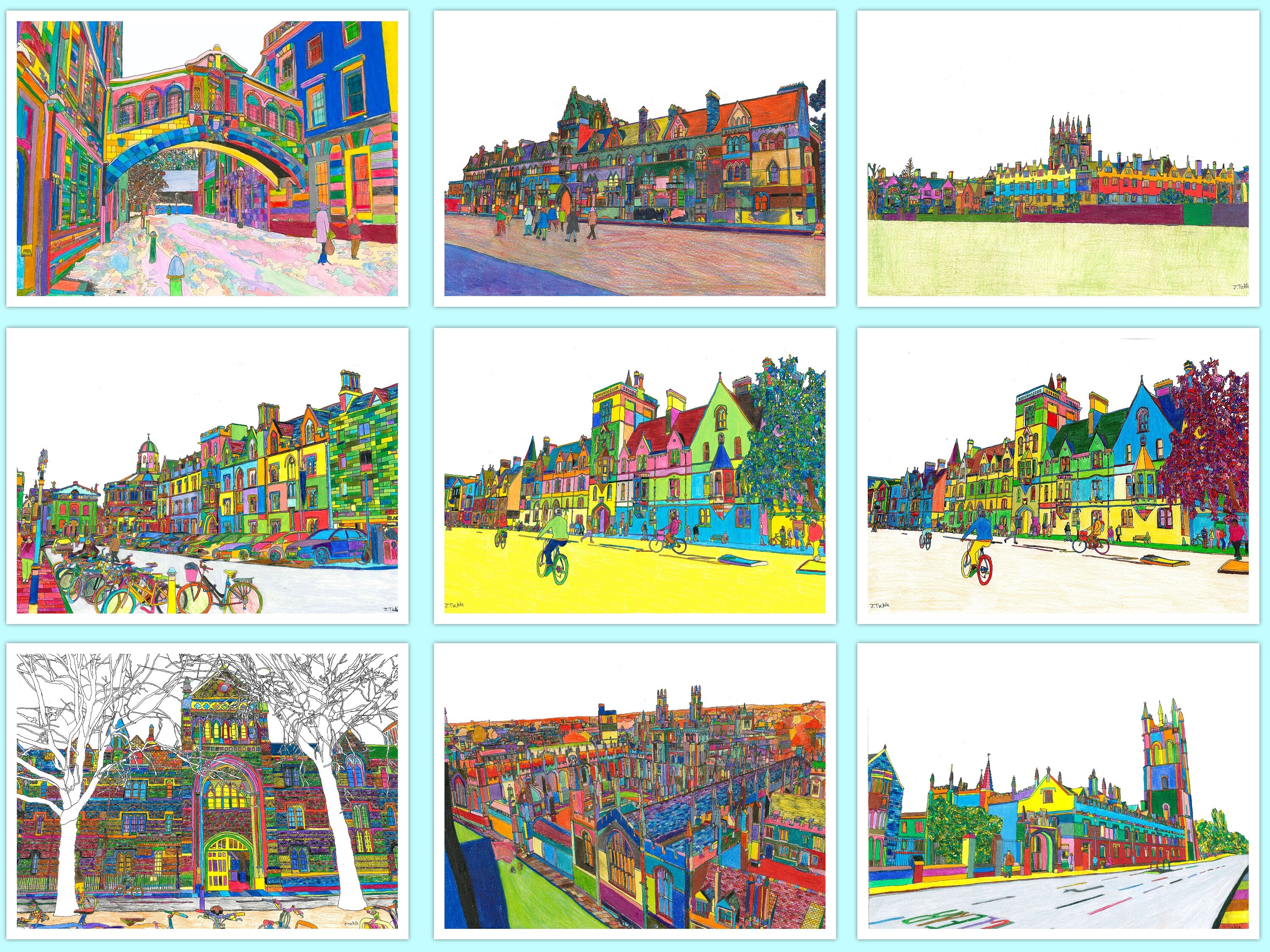 Sets of Artistic Postcards. Colourful and Line Drawings. Views of ...