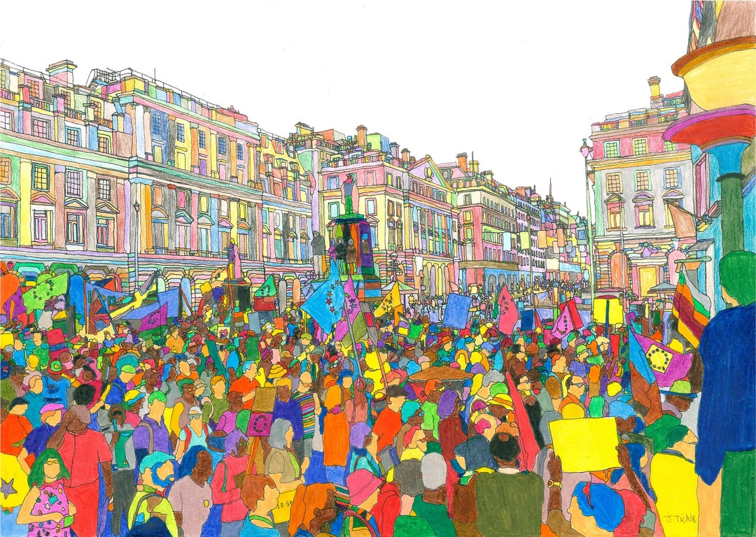 EU March, Pall Mall. Multicoloured Pencil Drawing. High Quality Print ...