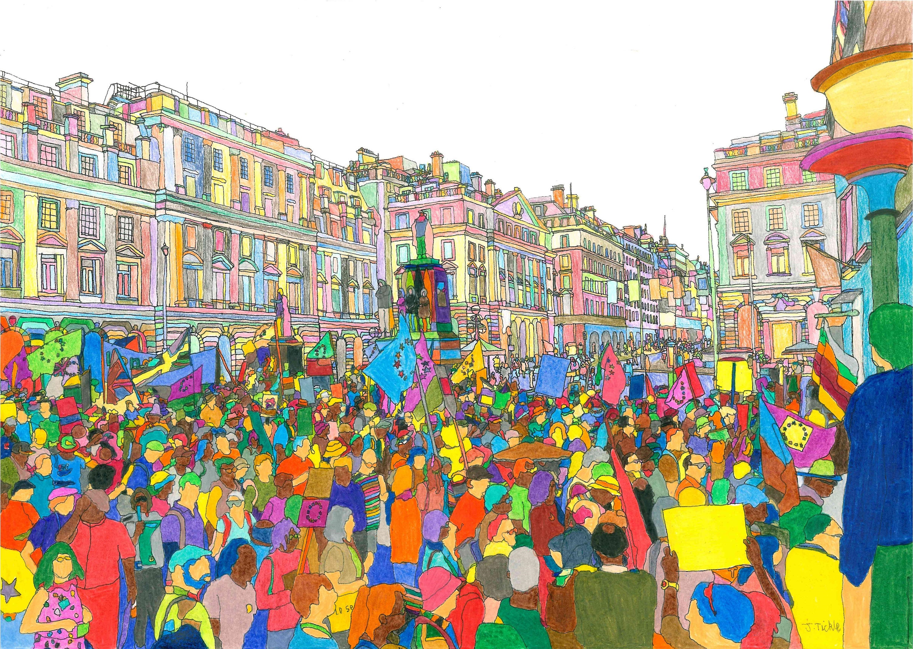 EU March, Pall Mall. Multicoloured Pencil Drawing. High Quality Print ...