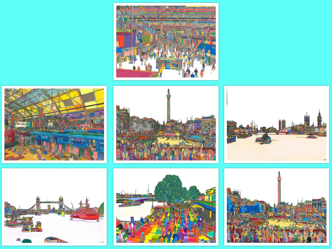 Sets of Artistic Greetings Cards of London Views. Colourful and Line ...